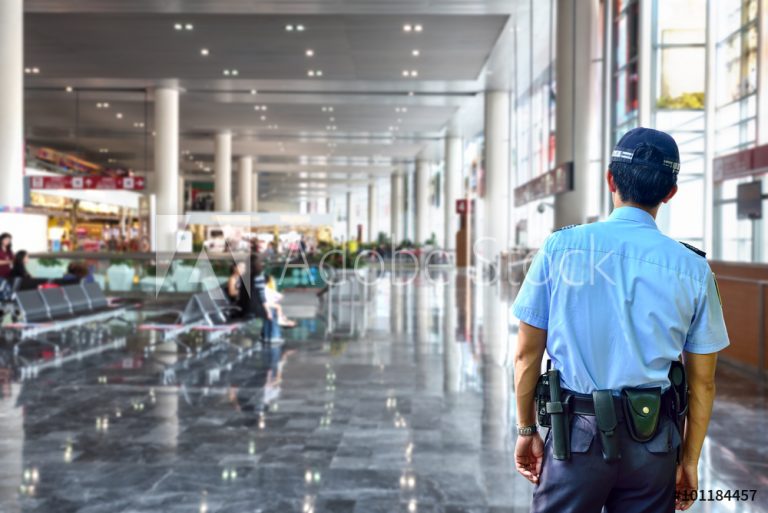 Security Guard in shiny lobby - Night Hawk Security & Consulting, LLC.